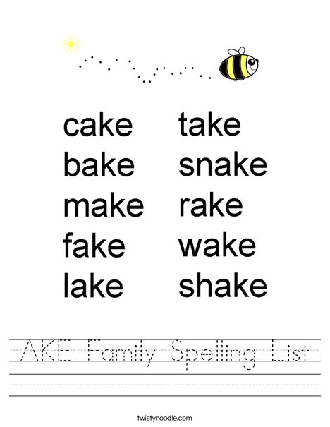 AKE Family Spelling List Worksheet - Twisty Noodle