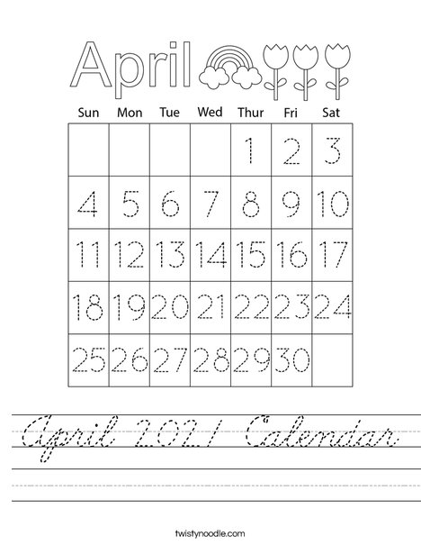 Printable Calendar Pages April 2021 2021 Calendar Printable Cursive