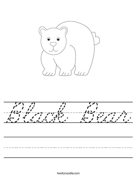 Black Bear Worksheet - Cursive - Twisty Noodle