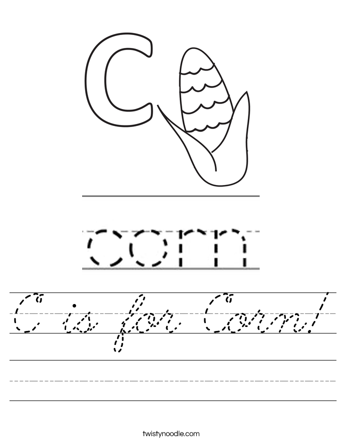 C is for Corn Worksheet - Cursive - Twisty Noodle