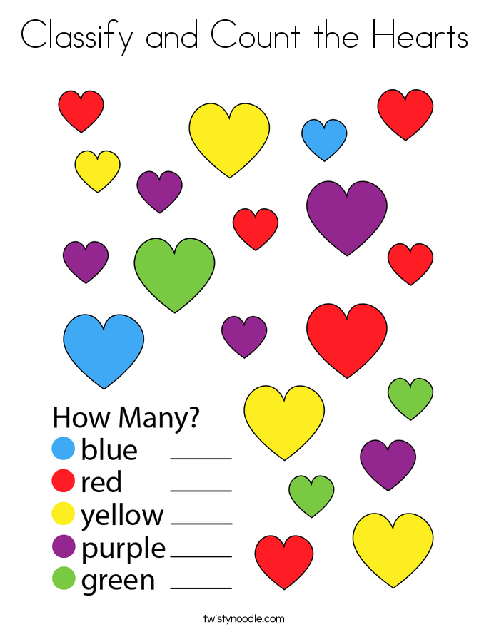 Classify and Count the Hearts Coloring Page - Twisty Noodle Classify and Count the Hearts Coloring Page - Twisty Noodle