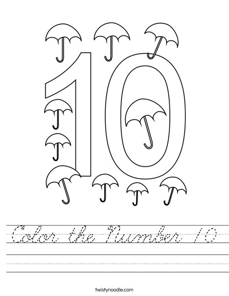 Color the Number 10 Worksheet - Cursive - Twisty Noodle
