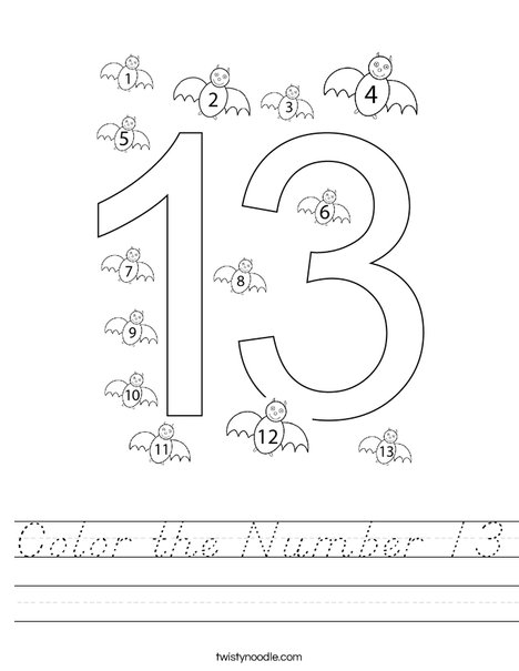 Color the Number 13 Worksheet - D'Nealian - Twisty Noodle