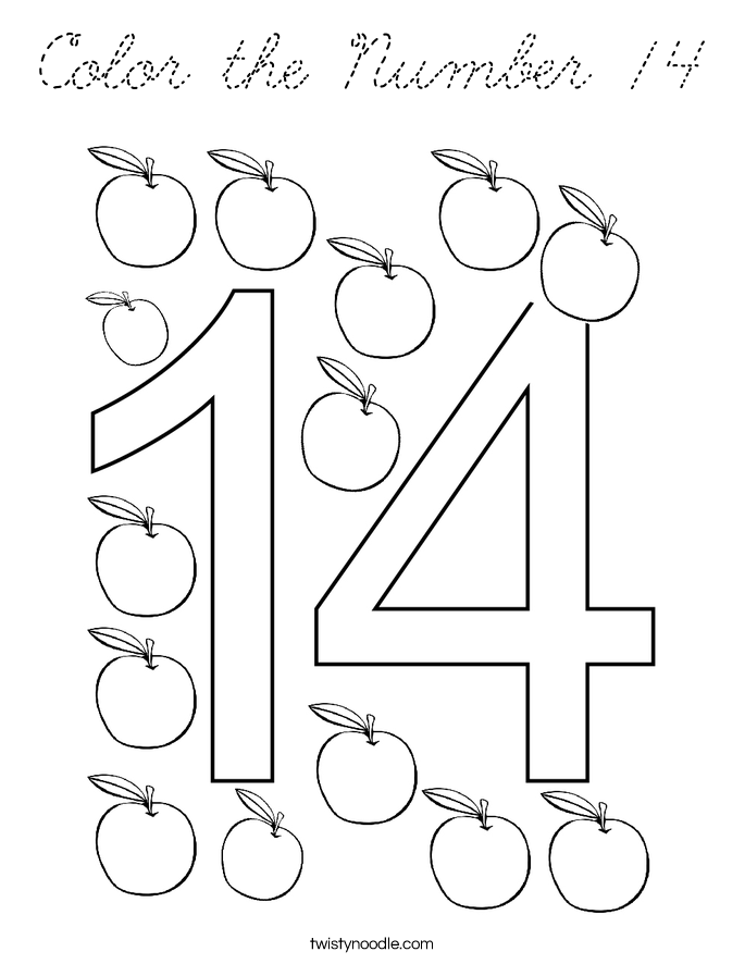 Color the Number 14 Coloring Page - Cursive - Twisty Noodle