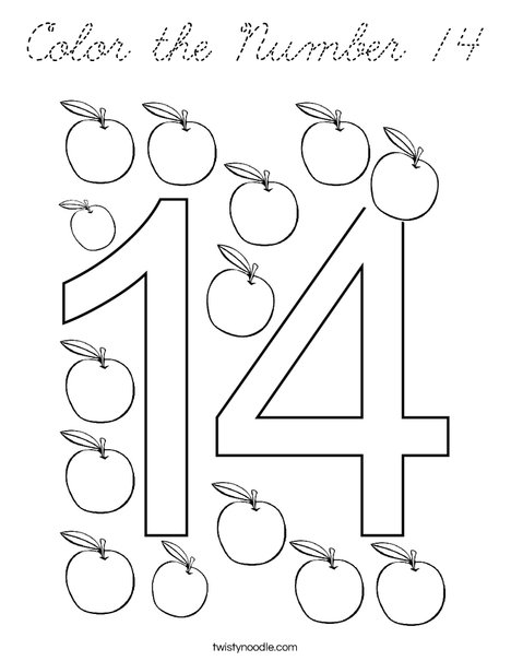 Color the Number 14 Coloring Page - Cursive - Twisty Noodle