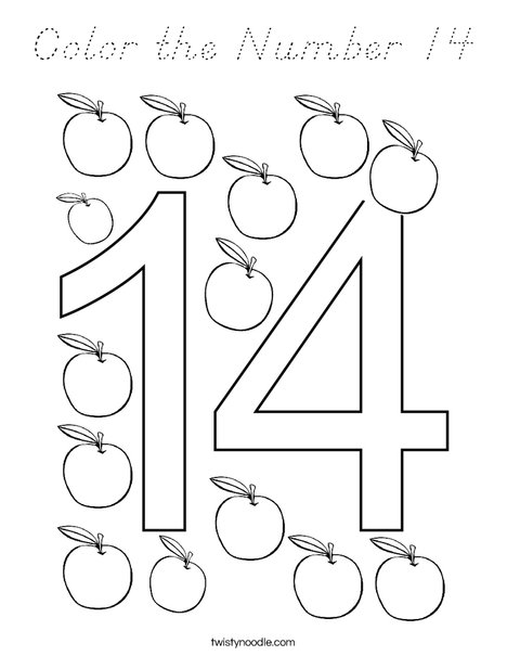Color the Number 14 Coloring Page - D'Nealian - Twisty Noodle