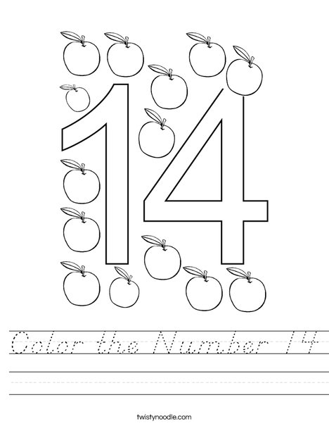 Color the Number 14 Worksheet - D'Nealian - Twisty Noodle