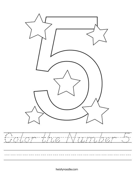 Color the Number 5 Worksheet - D'Nealian - Twisty Noodle