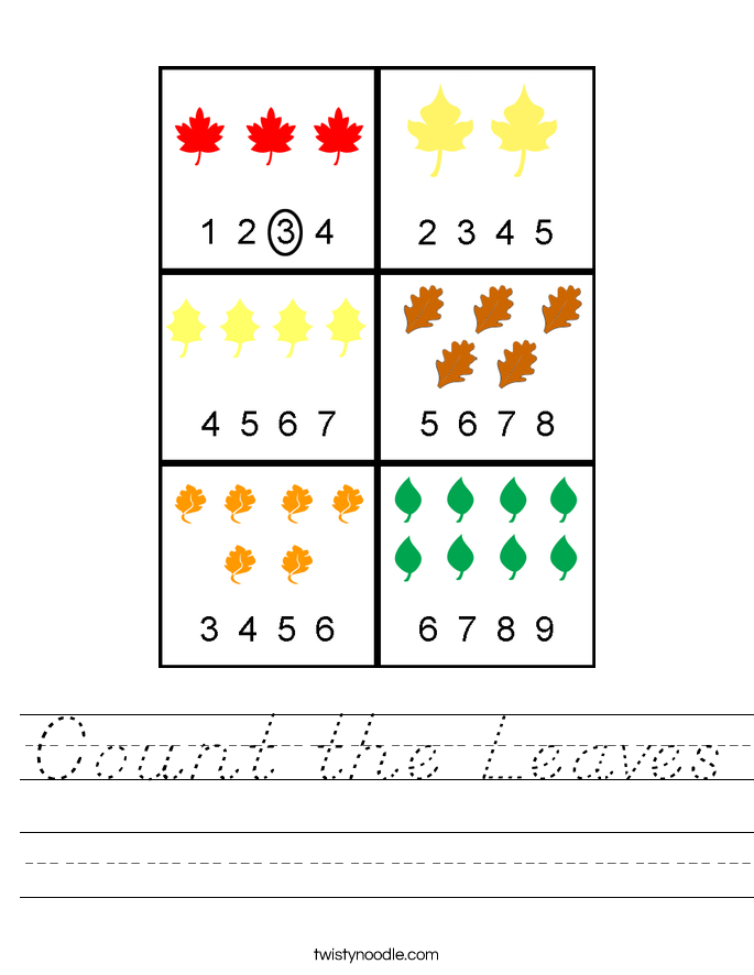 Count the Leaves Worksheet - D'Nealian - Twisty Noodle Count the Leaves Worksheet - D'Nealian - Twisty Noodle