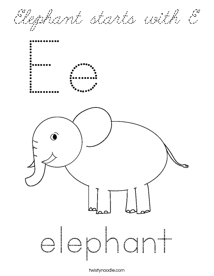 Elephant starts with E Coloring Page - Cursive - Twisty Noodle