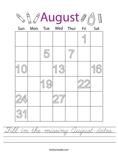 Fill in the missing August dates Worksheet - Cursive - Twisty Noodle