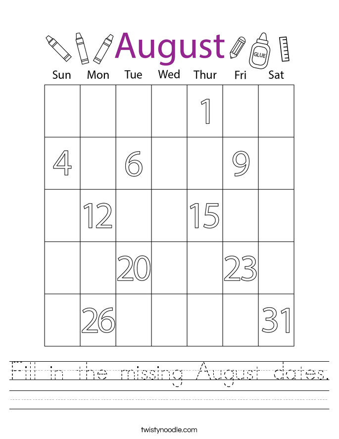 Fill in the missing August dates Worksheet - Twisty Noodle Fill in the missing August dates Worksheet - Twisty Noodle