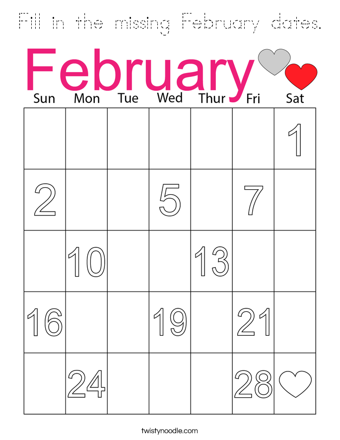 Fill in the missing February dates Coloring Page - Tracing - Twisty Noodle