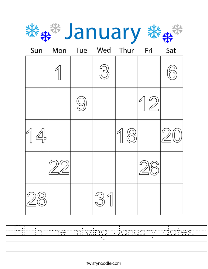 Fill in the missing January dates Worksheet - Twisty Noodle Fill in the missing January dates Worksheet - Twisty Noodle
