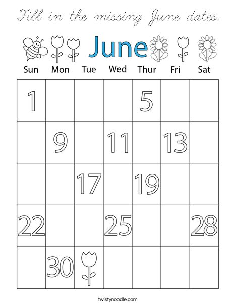 Fill in the missing June dates Coloring Page - Cursive - Twisty Noodle