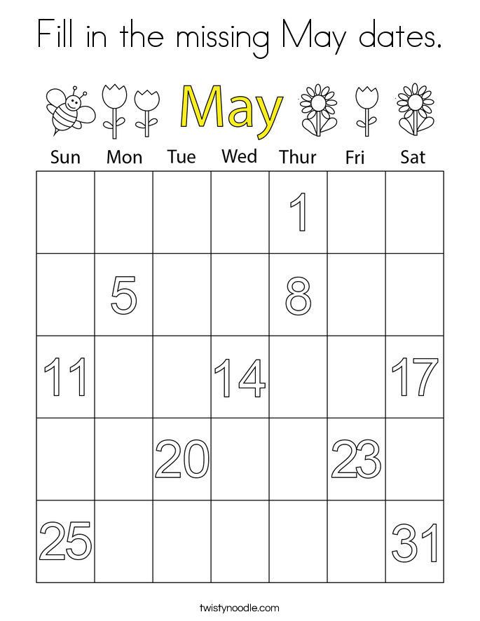 Fill in the missing May dates Coloring Page - Twisty Noodle