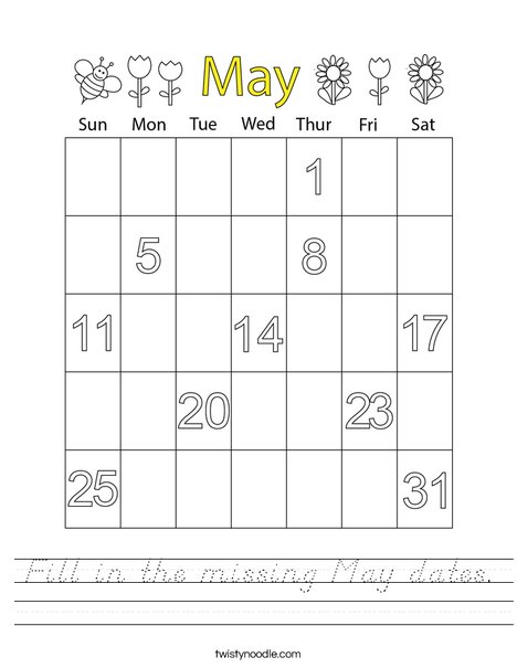 Fill in the missing May dates Worksheet - D'Nealian - Twisty Noodle