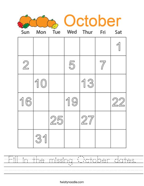 Fill in the missing October dates Worksheet - Twisty Noodle