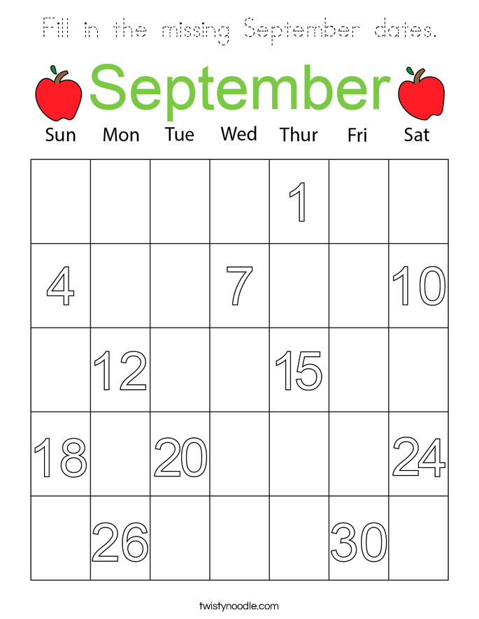 Fill in the missing September dates Coloring Page - Tracing - Twisty Noodle