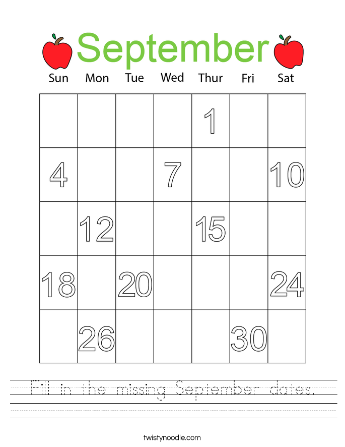 Fill in the missing September dates Worksheet - Twisty Noodle