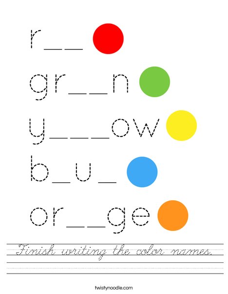 Finish writing the color names Worksheet - Cursive - Twisty Noodle