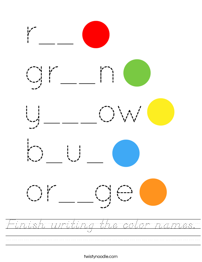 Finish writing the color names Worksheet - D'Nealian - Twisty Noodle