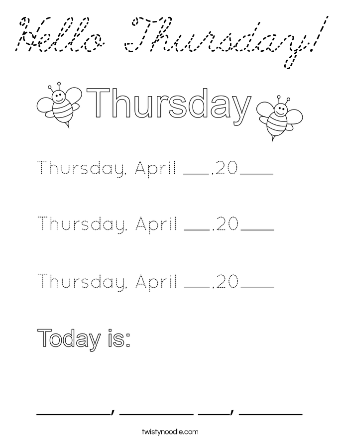 Hello Thursday Coloring Page - Cursive - Twisty Noodle
