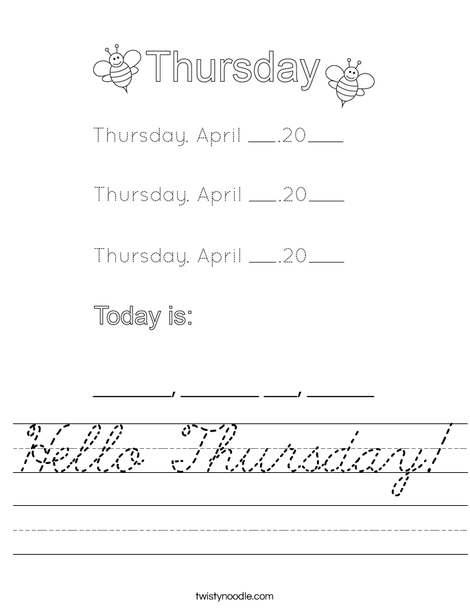 Hello Thursday Worksheet - Cursive - Twisty Noodle