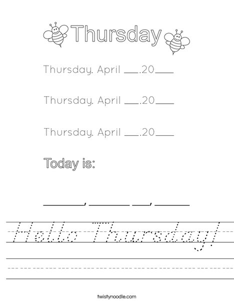 Hello Thursday Worksheet - D'Nealian - Twisty Noodle
