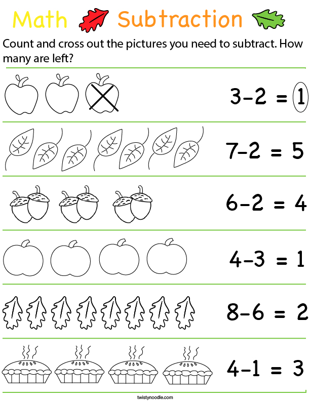 Preschool Math- Fall Subtraction Math Worksheet - Twisty Noodle