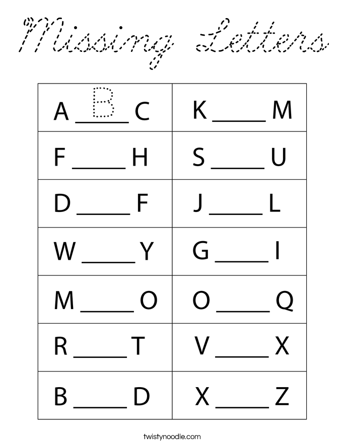 Missing Letters Coloring Page - Cursive - Twisty Noodle Missing Letters Coloring Page - Cursive - Twisty Noodle
