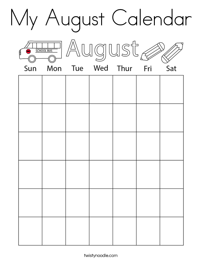 My August Calendar Coloring Page - Twisty Noodle My August Calendar Coloring Page - Twisty Noodle