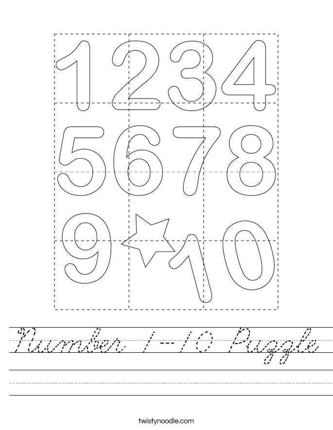 Number 1-10 Puzzle Worksheet - Cursive - Twisty Noodle