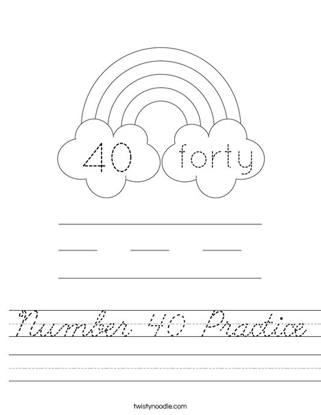 Number 40 Practice Worksheet - Cursive - Twisty Noodle