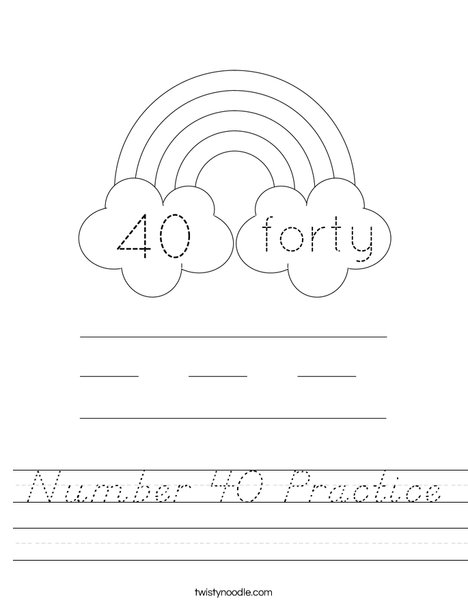 Number 40 Practice Worksheet - D'Nealian - Twisty Noodle