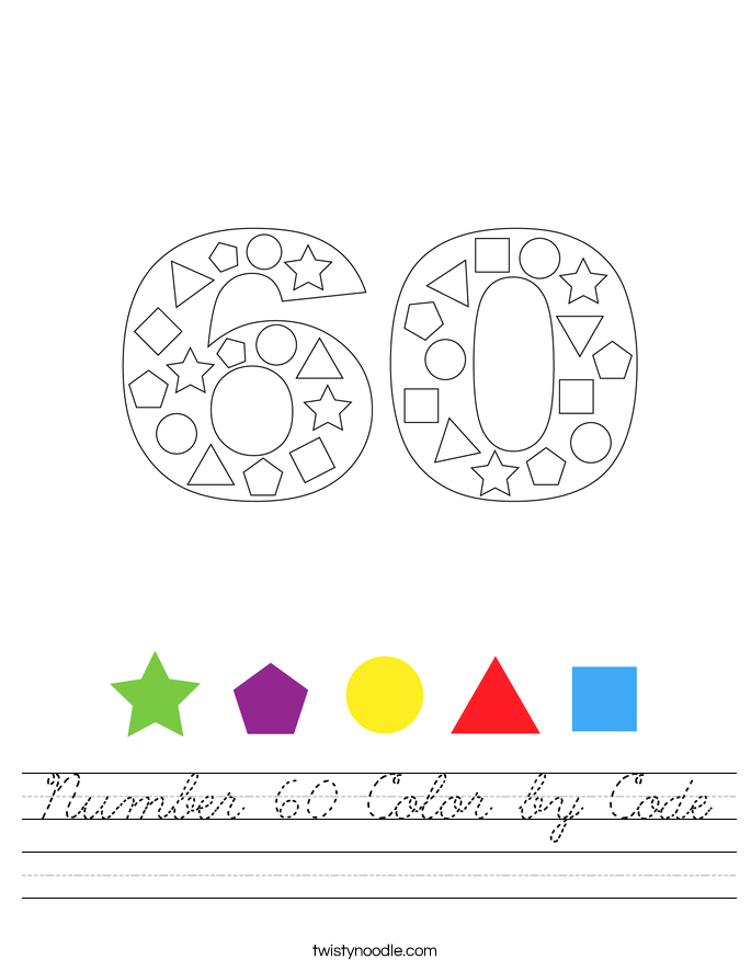 Number 60 Color by Code Worksheet - Cursive - Twisty Noodle