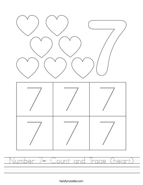 Number 7- Count and Trace (heart) Worksheet - Twisty Noodle Number 7- Count and Trace (heart) Worksheet - Twisty Noodle