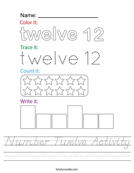 Number Twelve Activity Worksheet - D'Nealian - Twisty Noodle Number Twelve Activity Worksheet - D'Nealian - Twisty Noodle