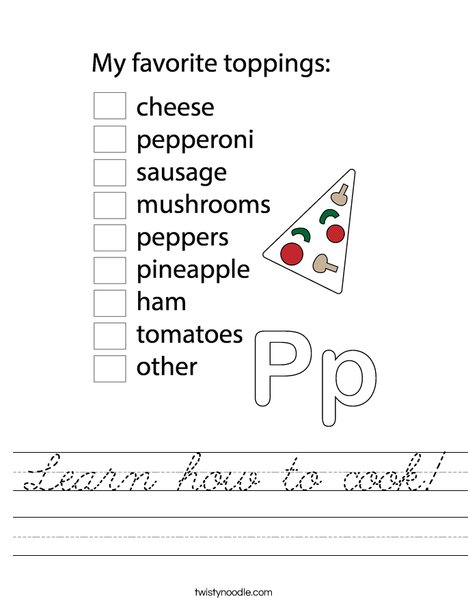 Learn how to cook Worksheet - Cursive - Twisty Noodle