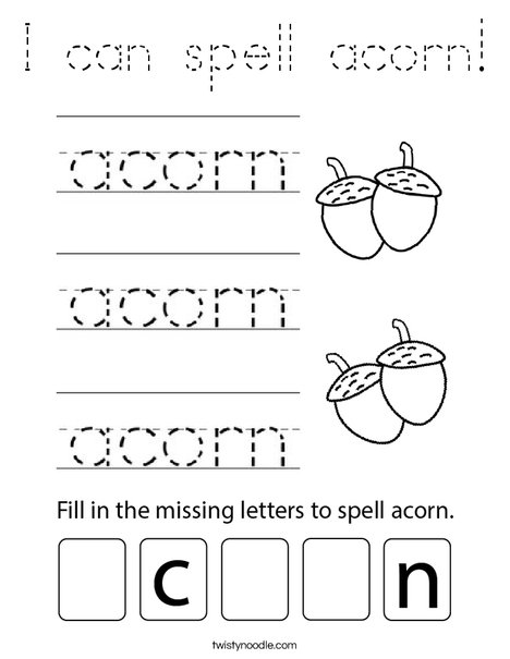 I can spell acorn Coloring Page - Tracing - Twisty Noodle