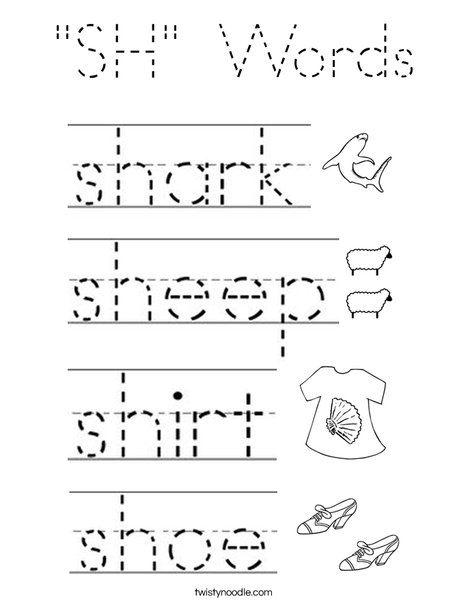 "SH" Words Coloring Page - Tracing - Twisty Noodle