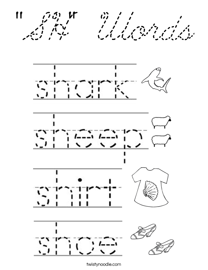 "SH" Words Coloring Page - Cursive - Twisty Noodle