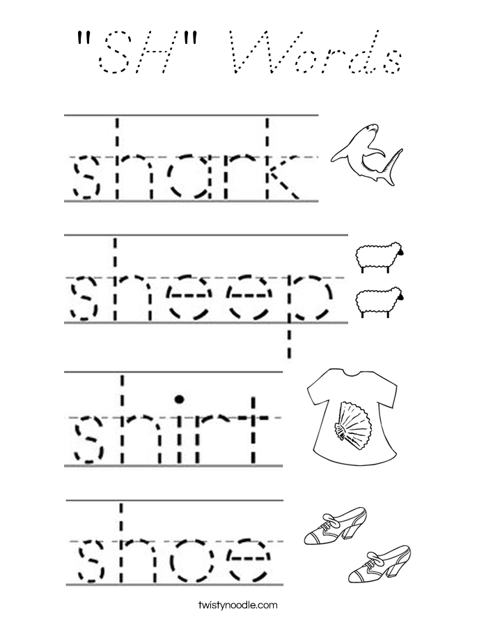 "SH" Words Coloring Page - D'Nealian - Twisty Noodle