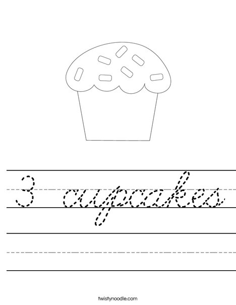 3 cupcakes Worksheet - Cursive - Twisty Noodle