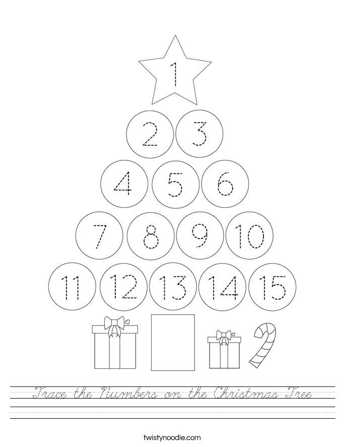 Trace the Numbers on the Christmas Tree Worksheet - Cursive - Twisty Noodle