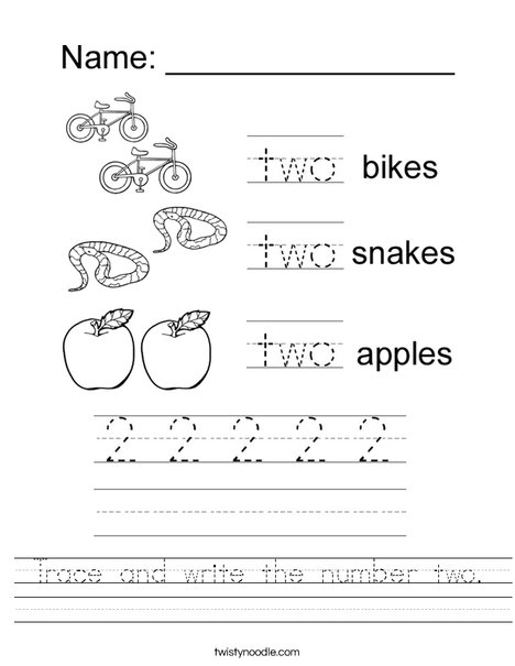 Trace and write the number two Worksheet - Twisty Noodle Trace and write the number two Worksheet - Twisty Noodle